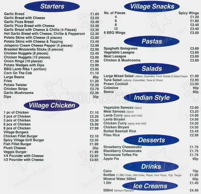 Menu at Chicken Village restaurant, London, 149 Ladbroke Grove