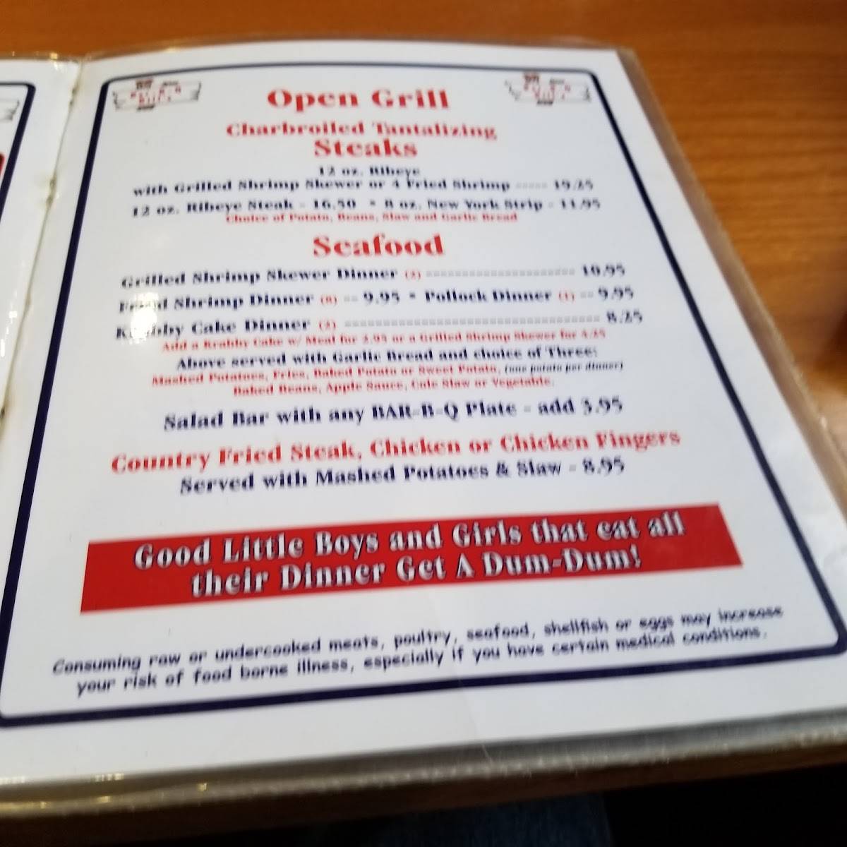 Menu at Bar-B-Q Bill's, Chiefland