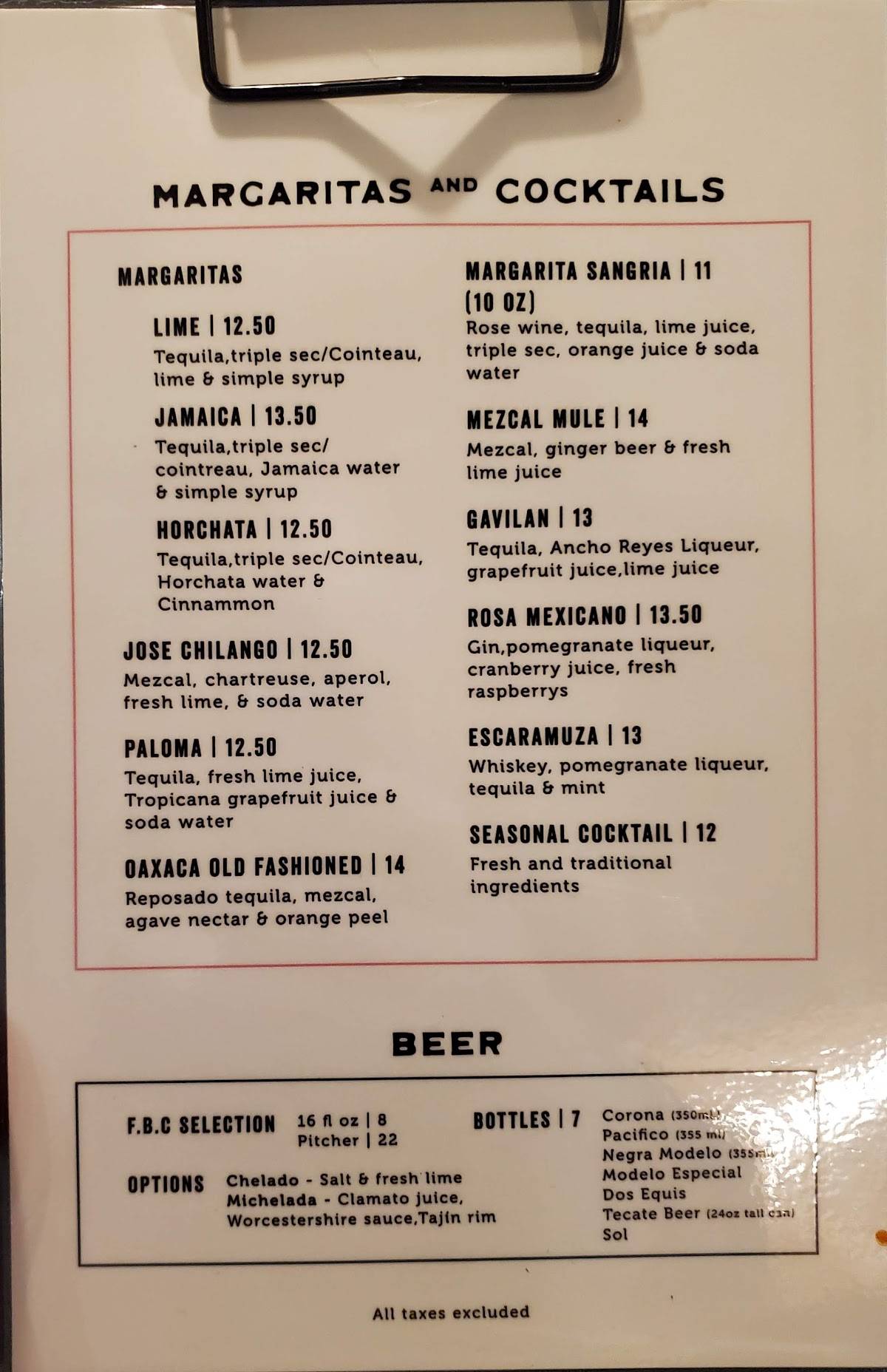 Menu at Chilango Mexican restaurant, Fernie