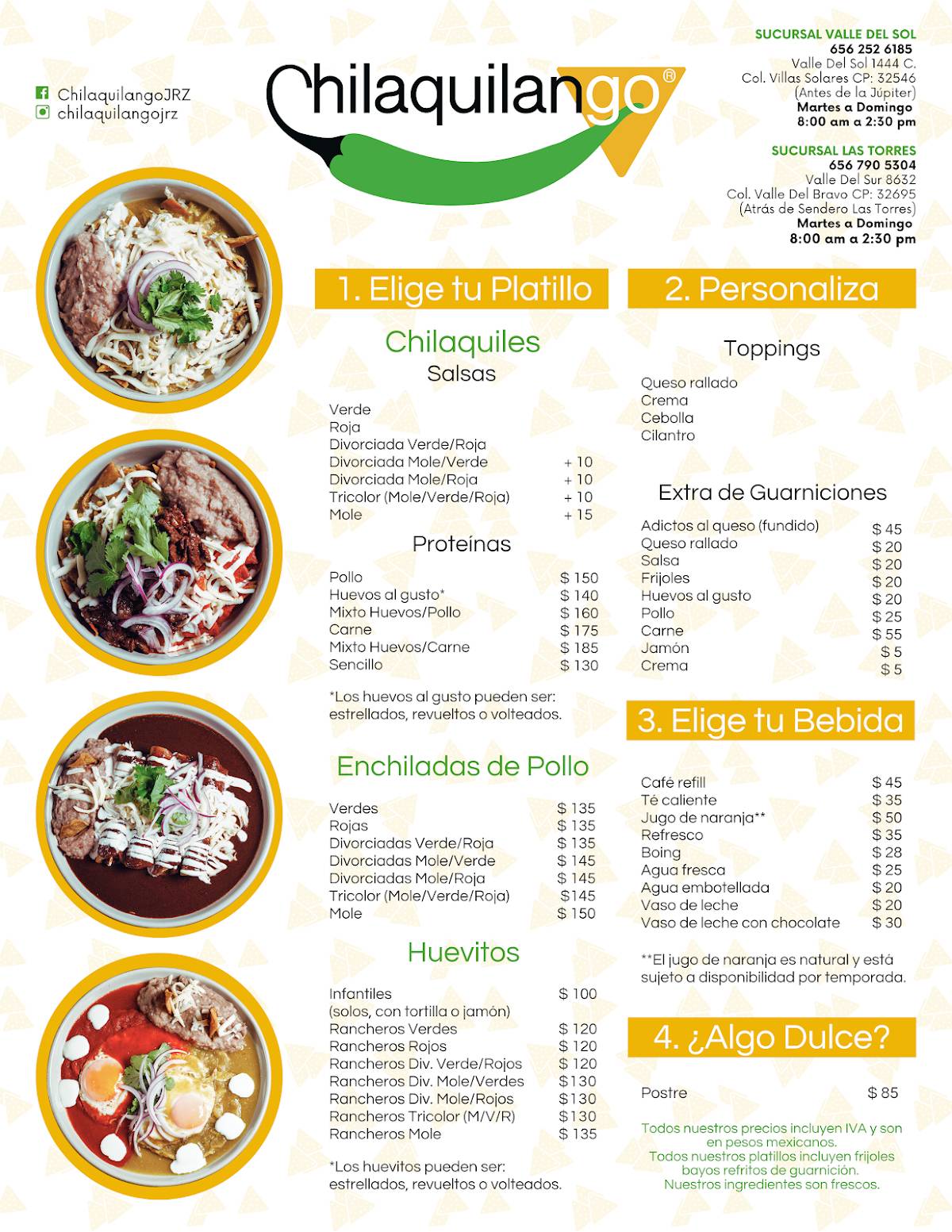 Menu at Chilaquilango restaurant, Ciudad Juarez, C. Valle de Bravo 8632