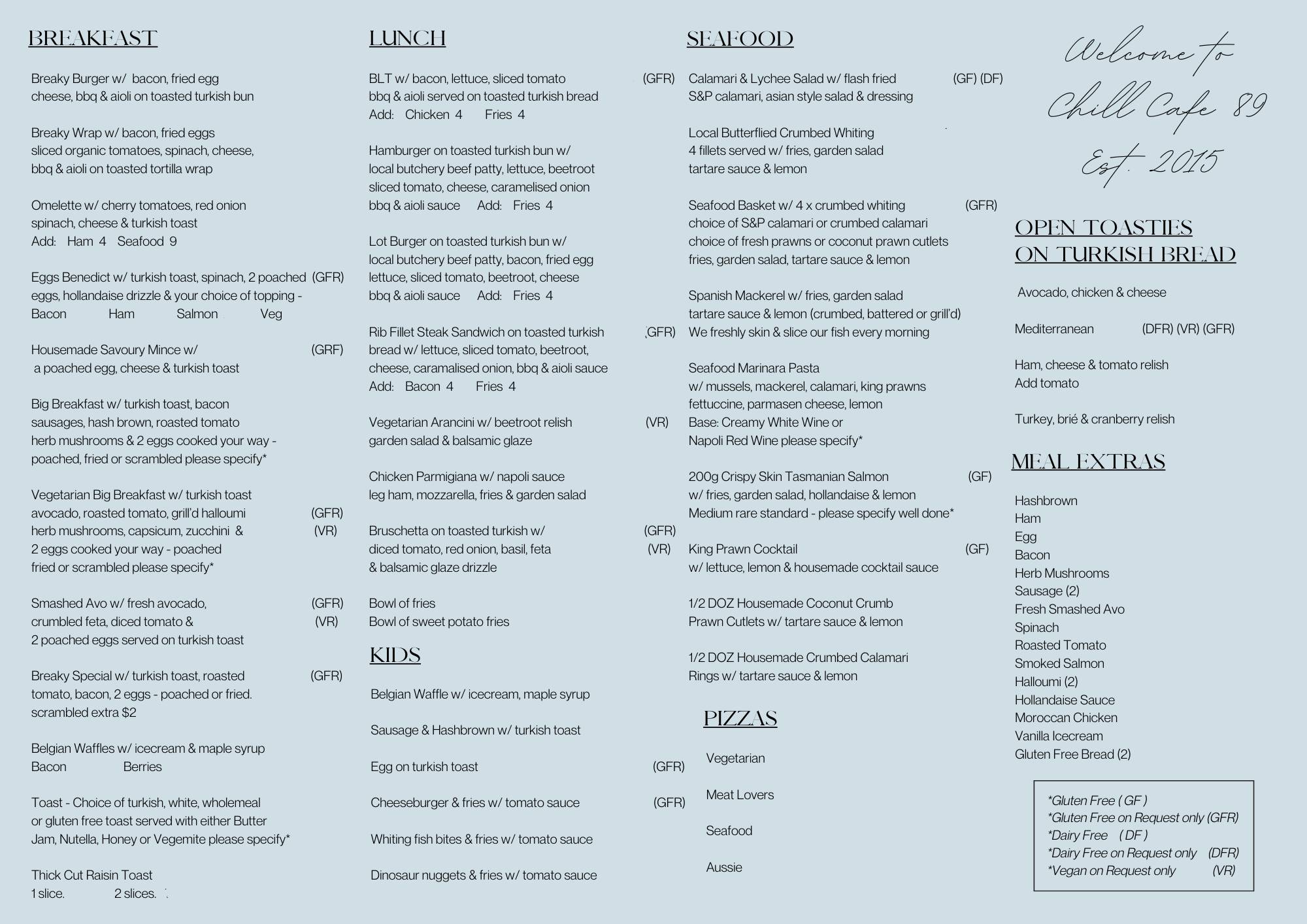 Menu at Chill Cafe 89., Golden Beach