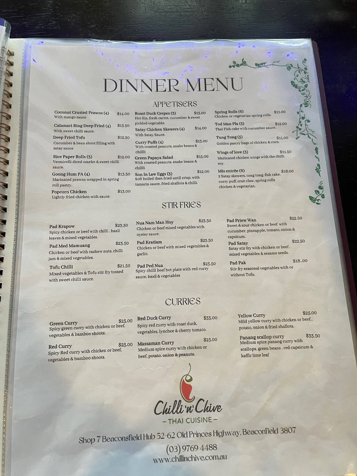 Menu at Chilli n Chive Thai Restaurant & Tapas, Beaconsfield
