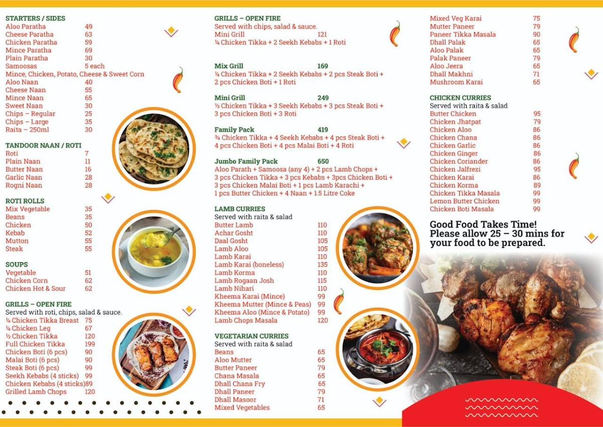 Menu at Chilli tikka restaurant, Durban