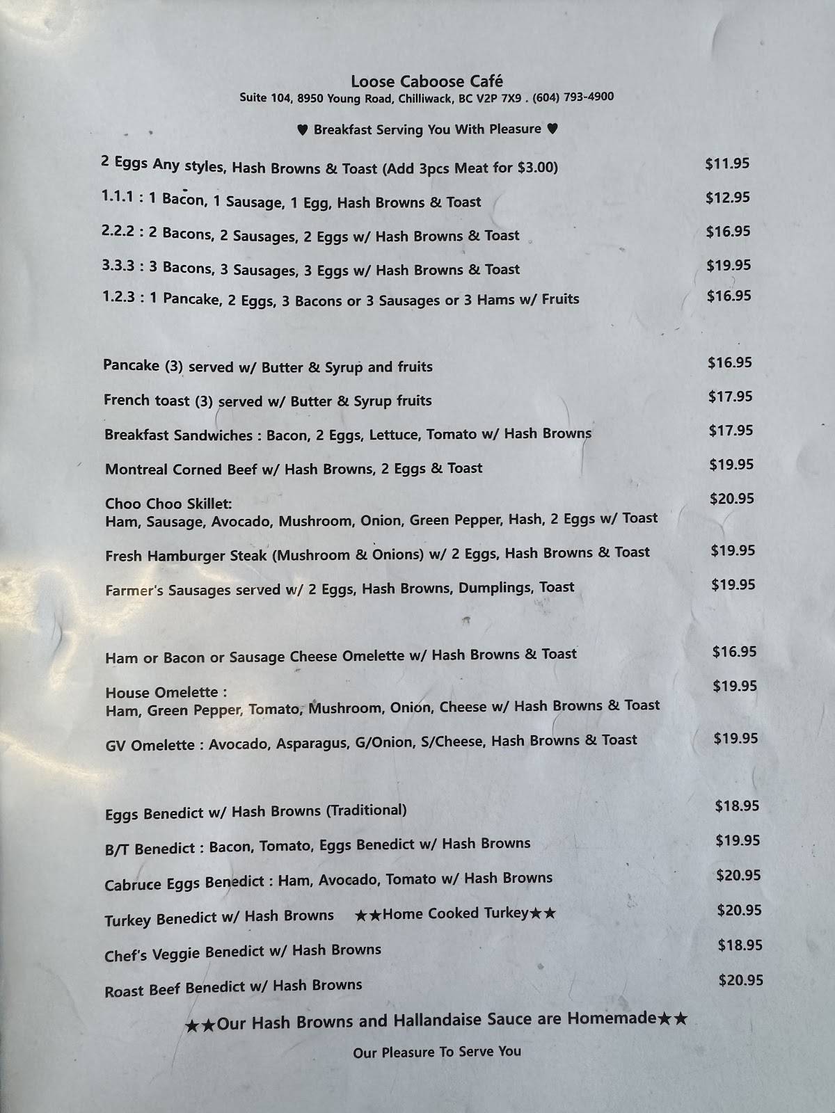 Menu at Loose Caboose Cafe, Chilliwack