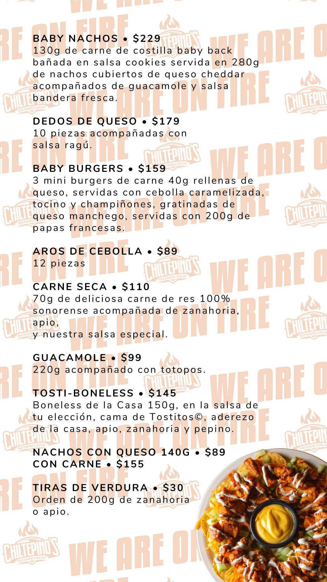 Menu at Chiltepinos Wings restaurant, Nogales, Boulevard El Greco 70