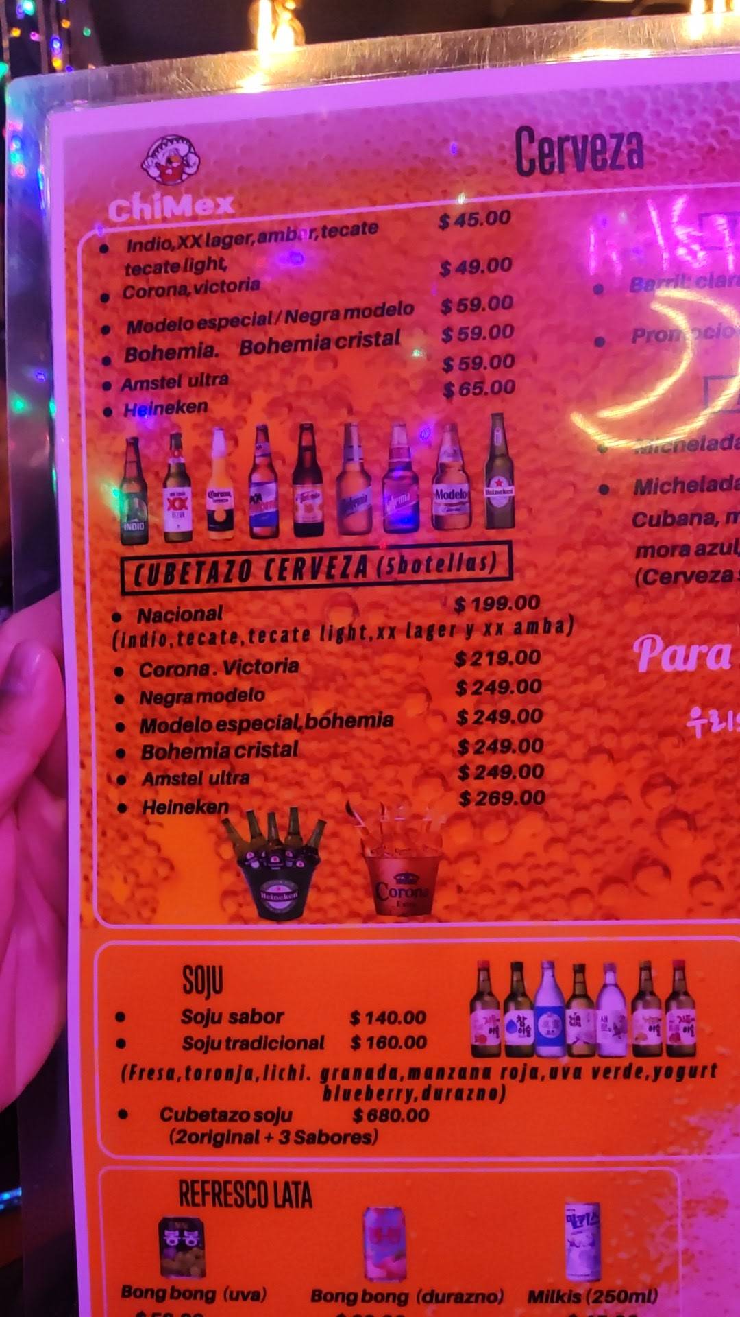 Carta del restaurante Chimex, Ciudad del México