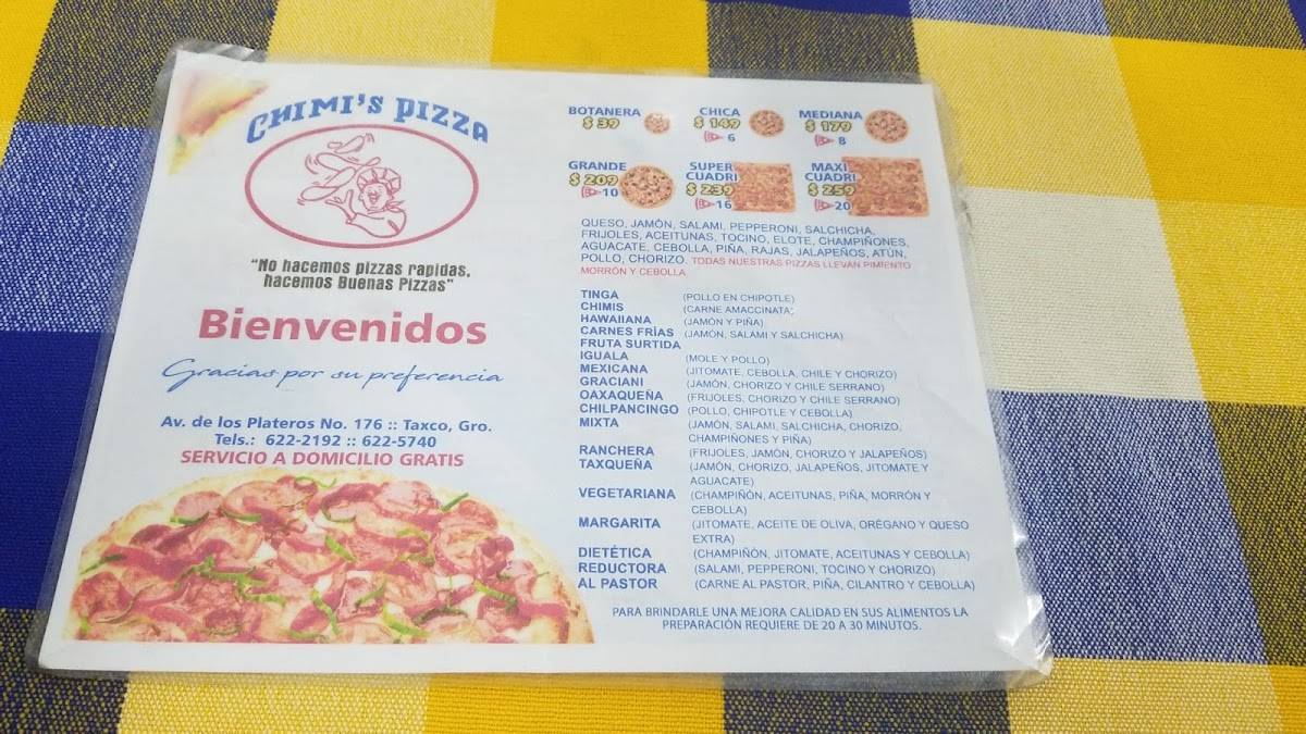 Carta del restaurante Chimis Pizza, Taxco