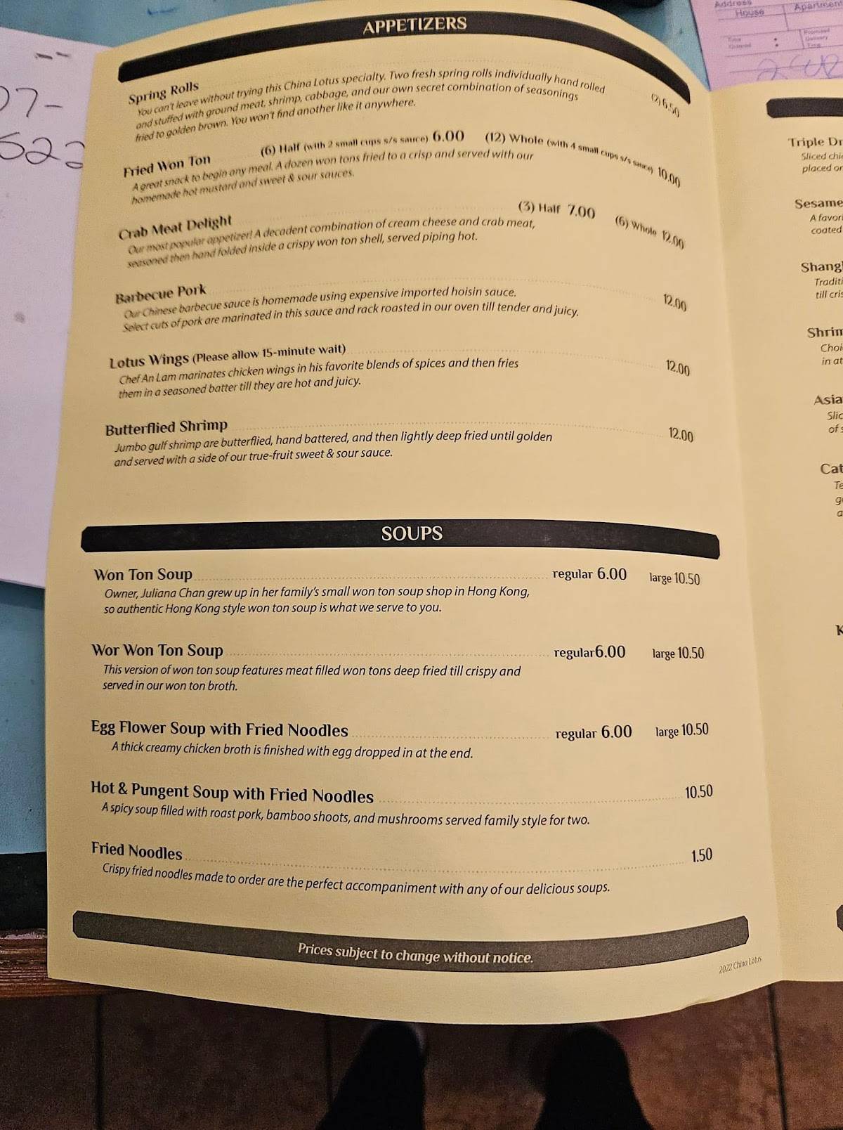 Menu at China Lotus restaurant, Hammond
