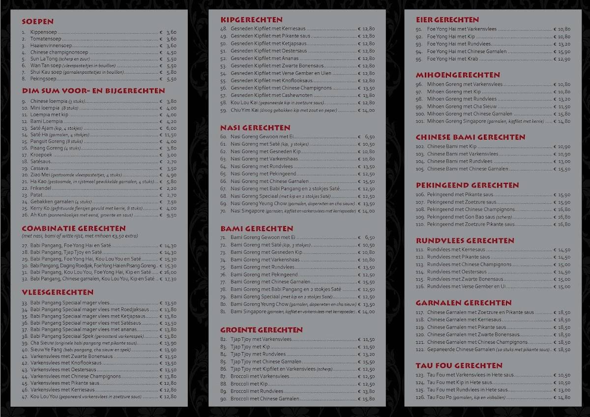 Menu at Chinese Muur, Rijswijk