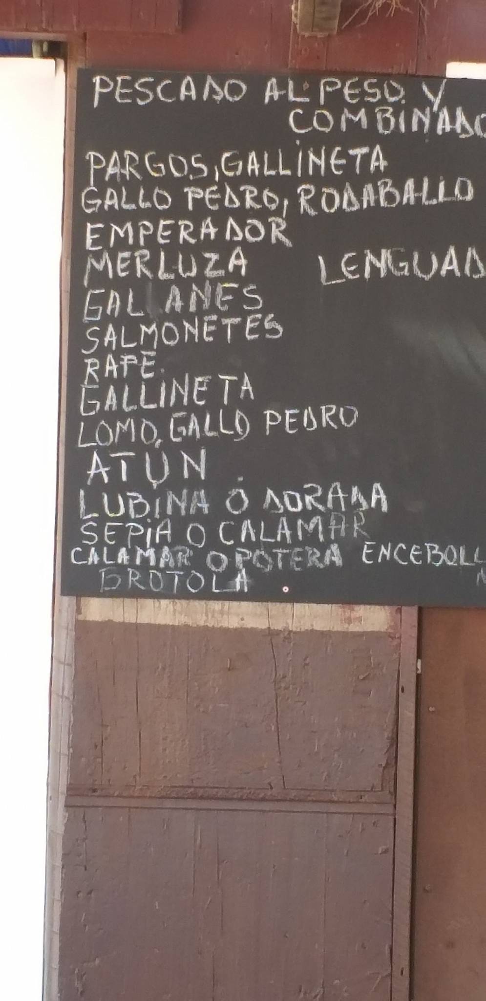 Menu at Chiringuito de Cristobal restaurant, Spain, Puerto de Carboneras