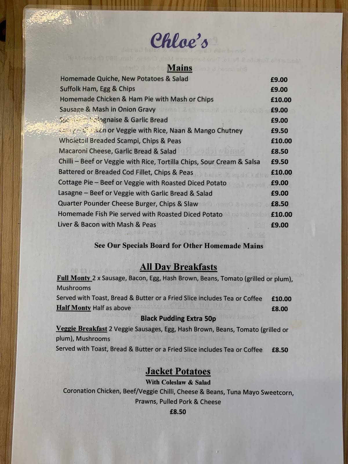 Menu at Chloe's cafe, Manningtree