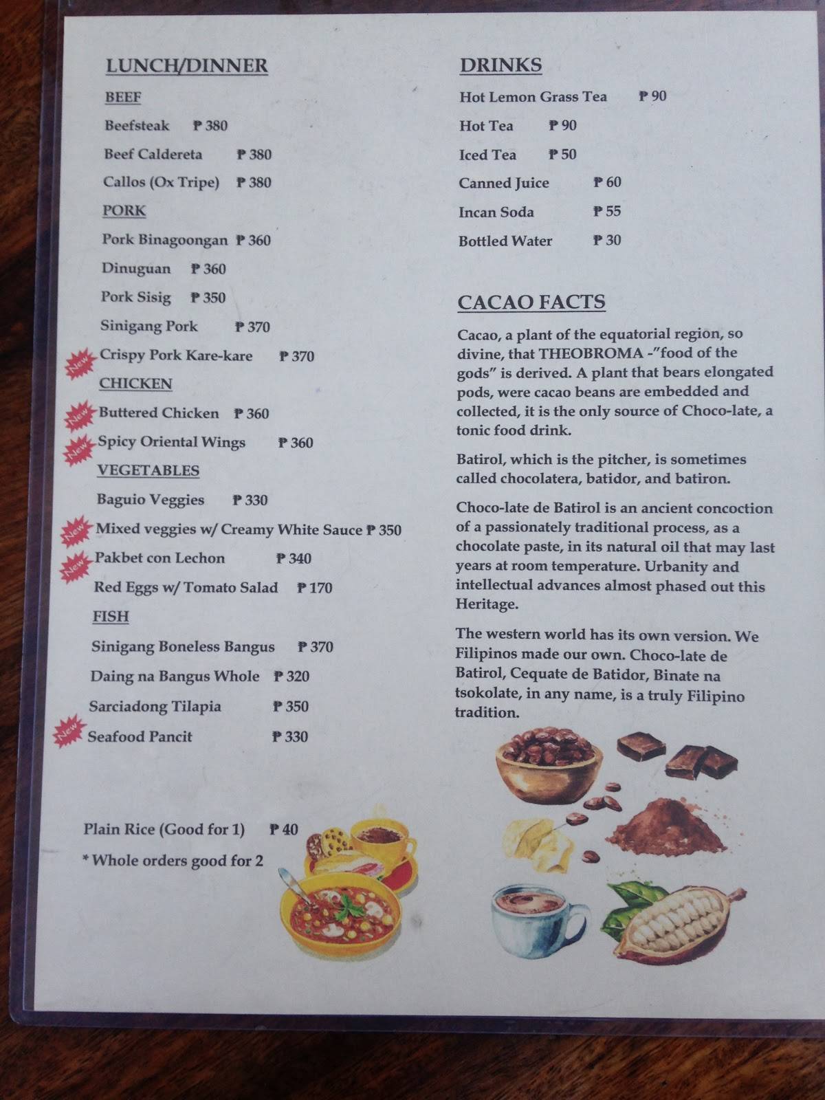 Menu at Choco-laté de Batirol restaurant, Baguio, Igorot Park