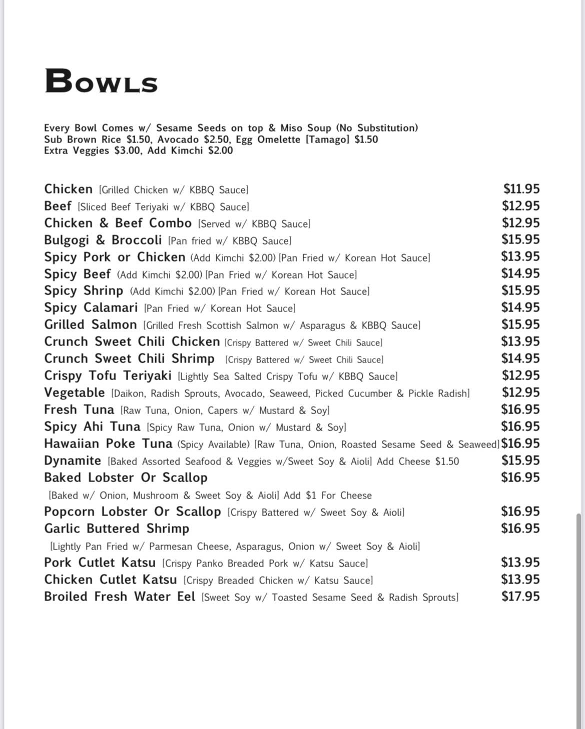Menu at Chow-Ya restaurant, Lompoc