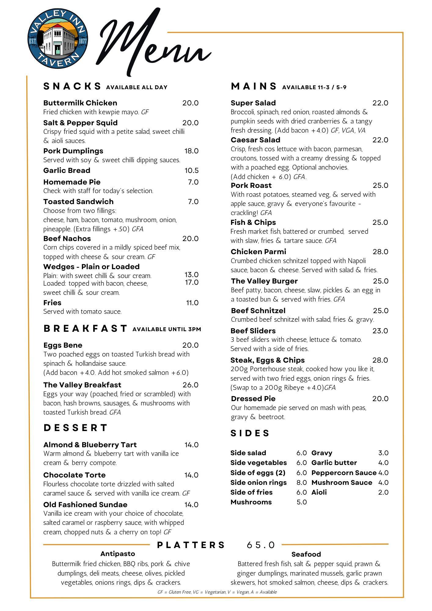Menu at Valley Inn Tavern pub & bar, Christchurch