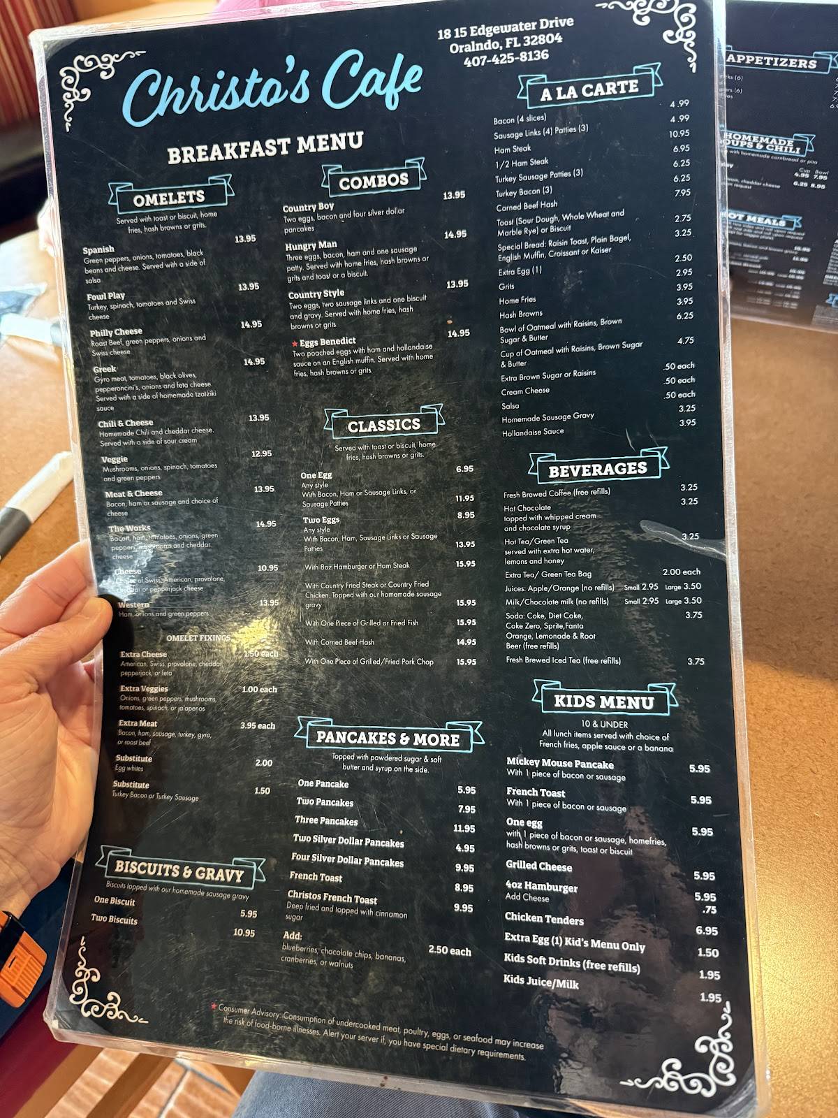 Menu at Christo's Café cafe, Orlando, Edgewater Dr