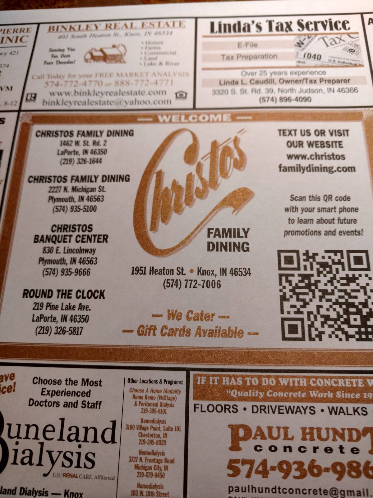 Menu at Christos Family Dining restaurant, Knox