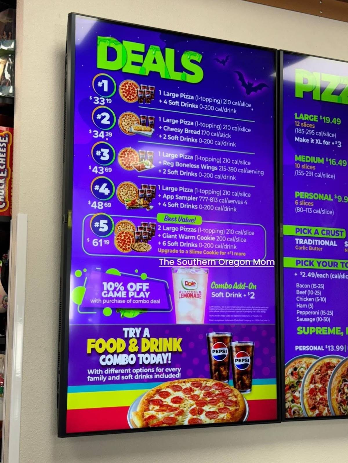 Menu at Chuck E. Cheese restaurant, Medford