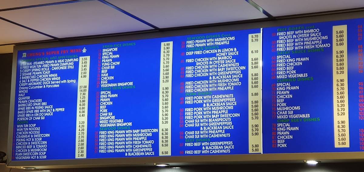Menu at Chung's Super Fry restaurant, Prescot