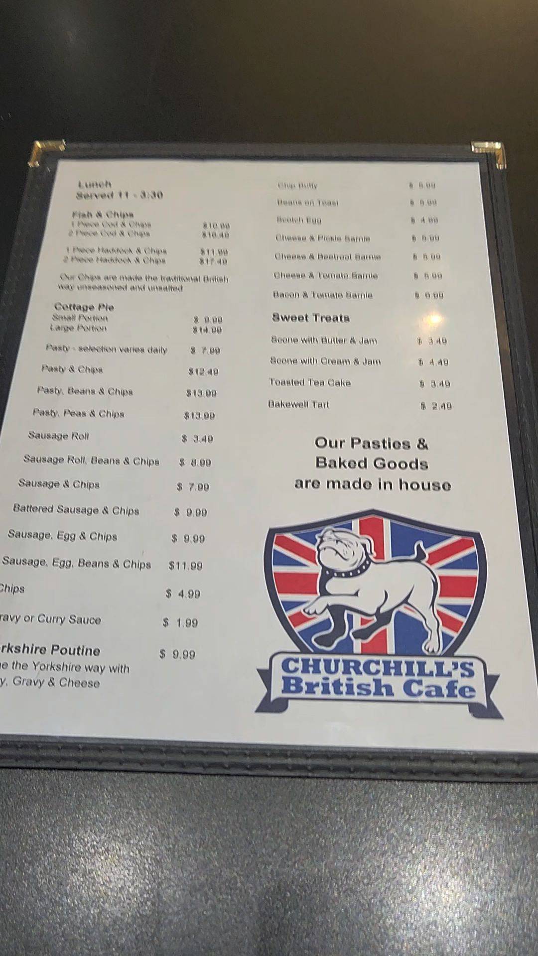 Menu at Churchill's British Cafe and Food Emporium, Saskatoon