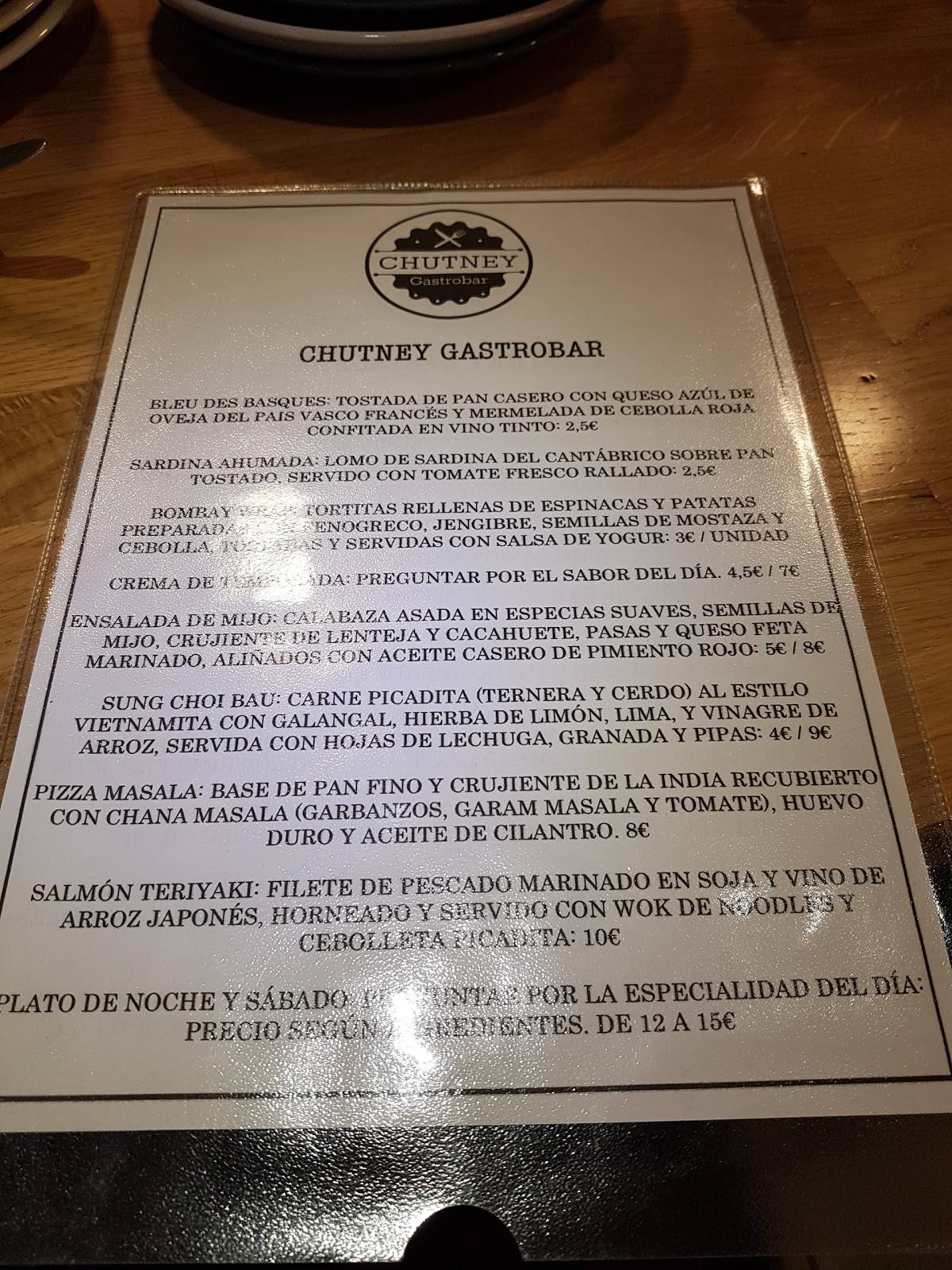 Carta de CHUTNEY GASTROBAR, San Sebastián