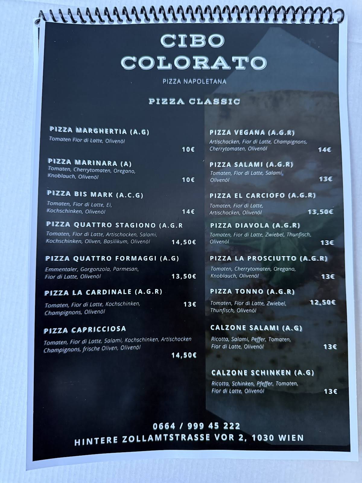 Menu at Cibo Colorato restaurant, Vienna