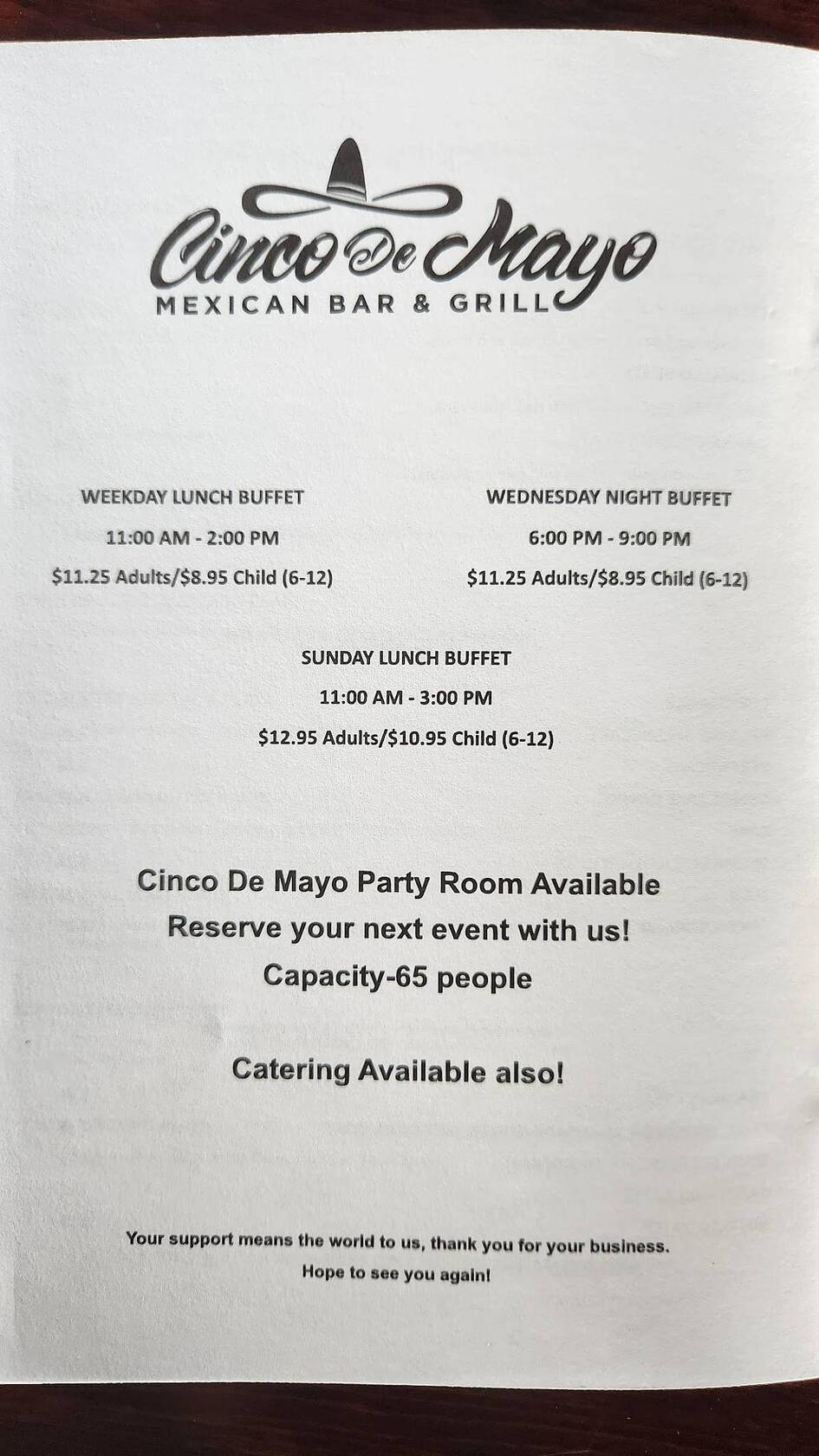 Menu at Cinco De Mayo Bar & Grill, Brownsville
