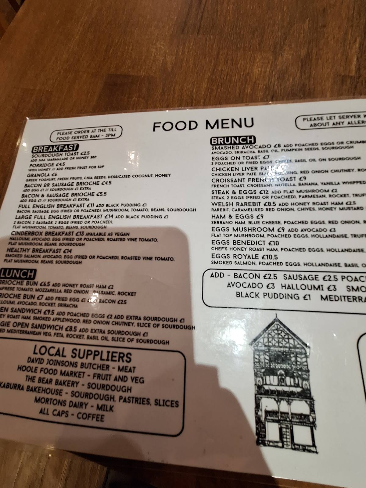 Menu at Cinderbox Coffee cafe, Chester