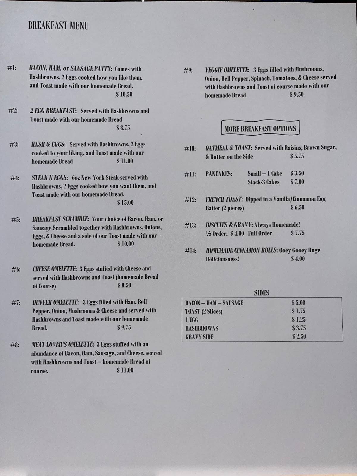 Menu at Cindy’s Cafe, Grand View