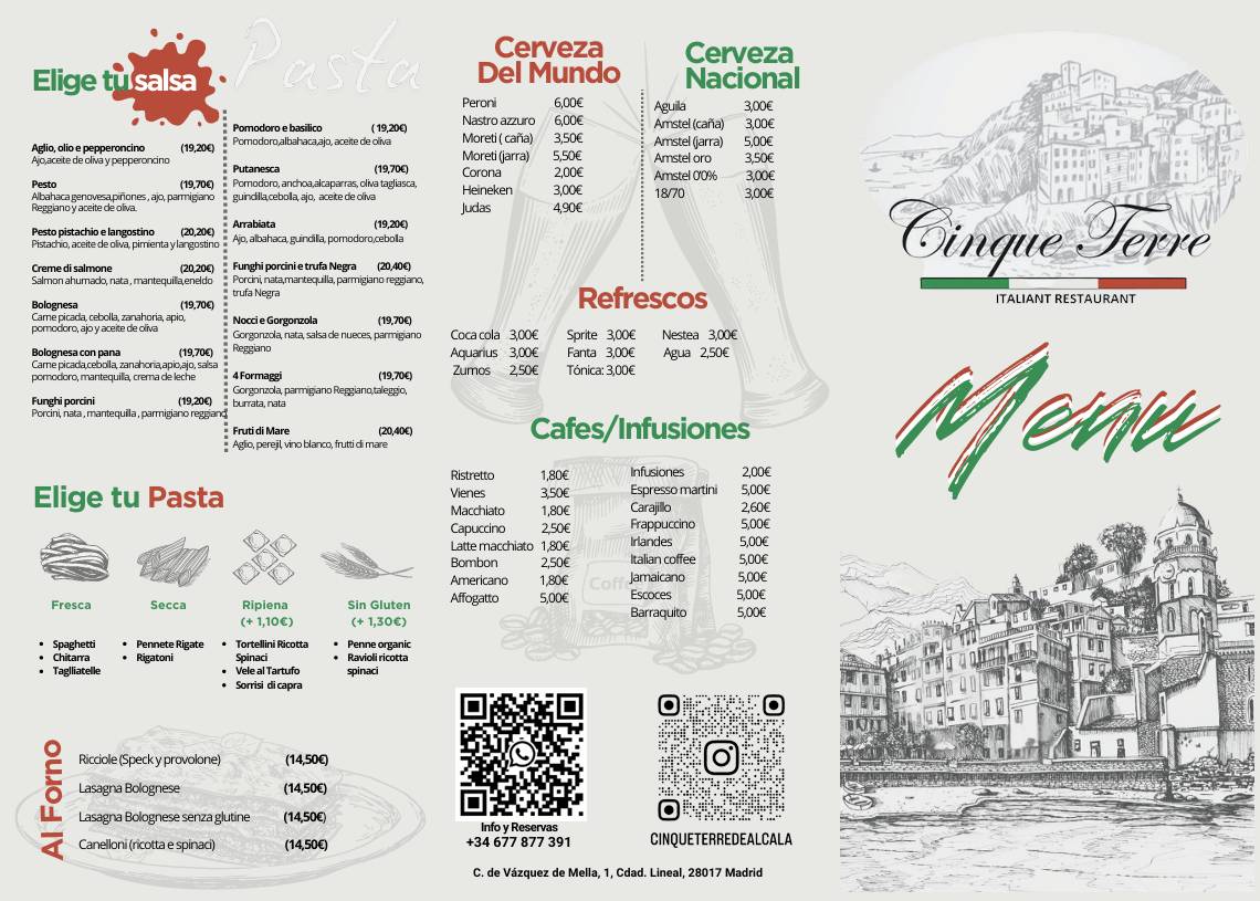 Menu at Cinque Terre de Alcalá restaurant, Madrid