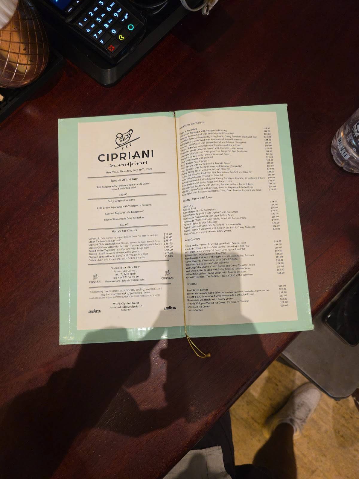 Menu at Cipriani Downtown restaurant, New York City, 376 W Broadway