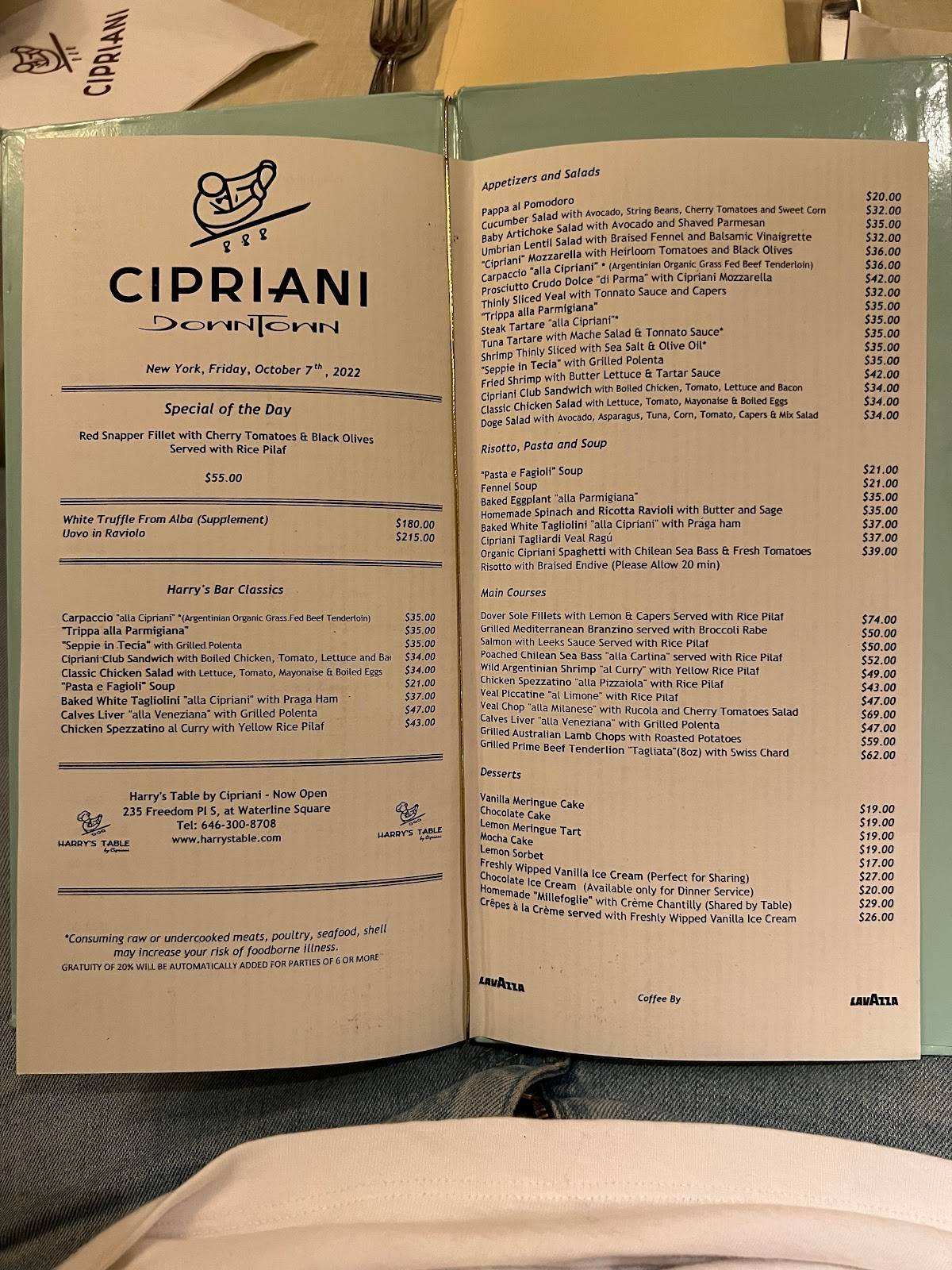 Menu at Cipriani Downtown (New York City) restaurant, New York City ...