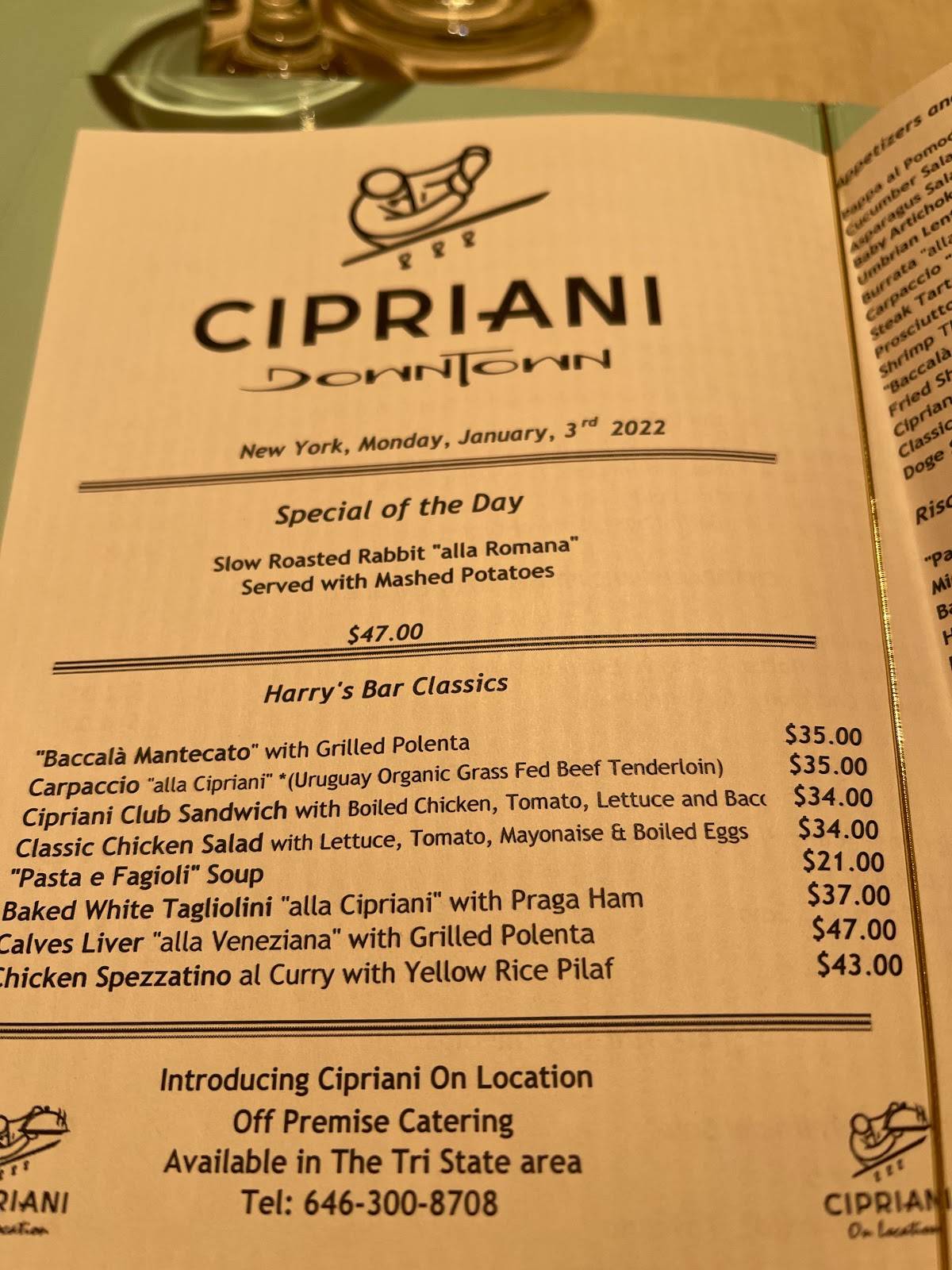 Menu at Cipriani Downtown restaurant, New York City, 376 W Broadway