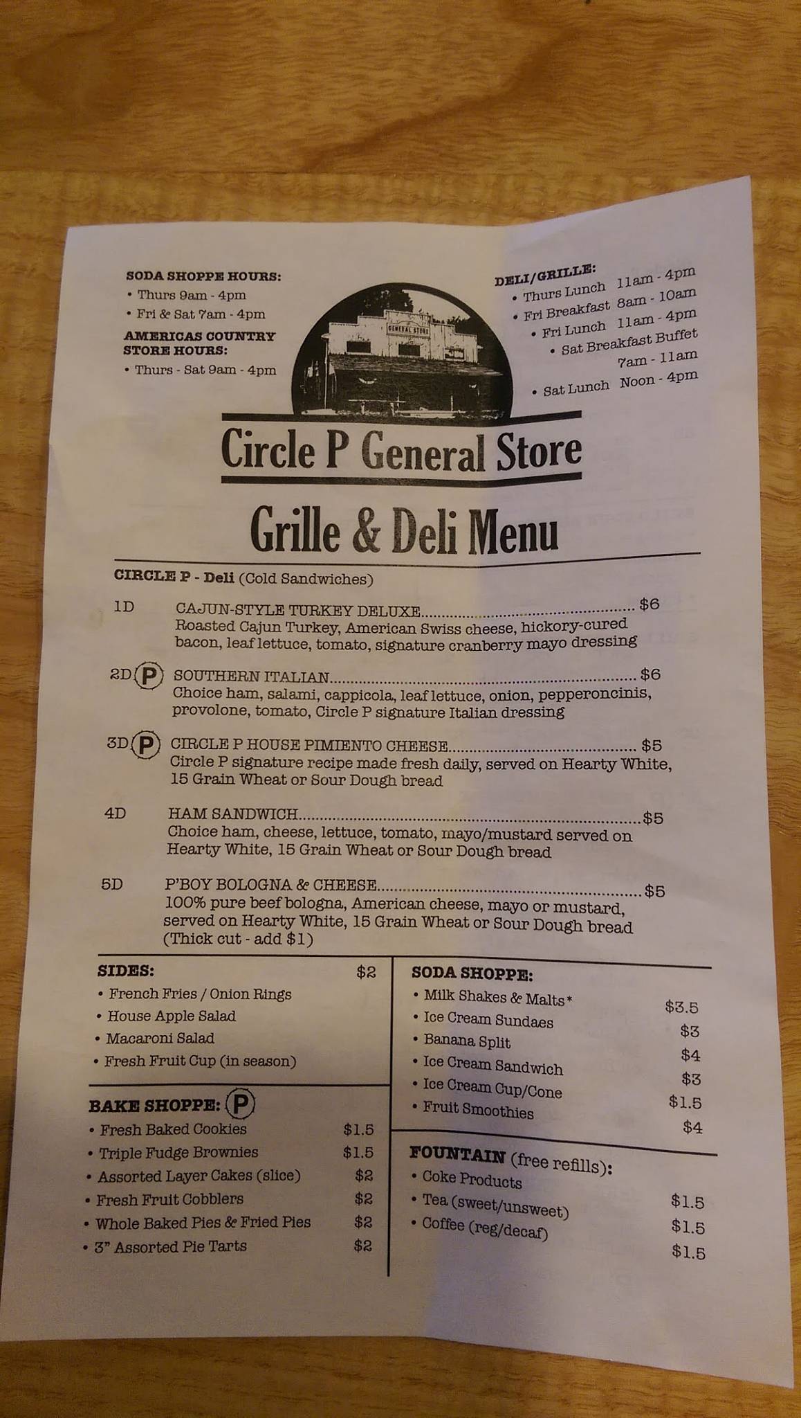 Menu at Circle P restaurant, Mount Juliet