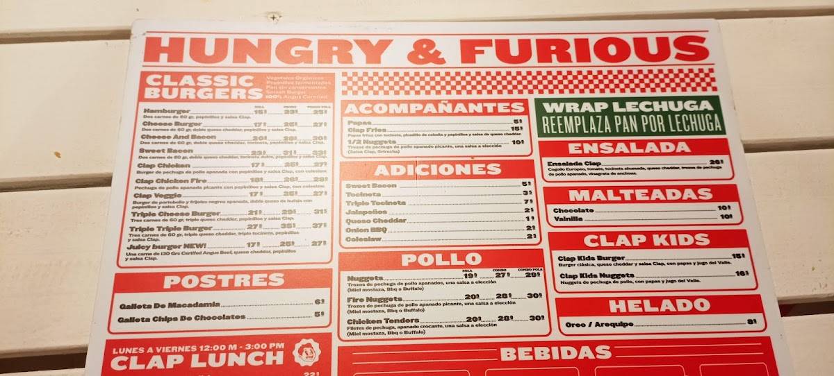 Carta del restaurante Clap Burgers, Bogotá, Ac. 134