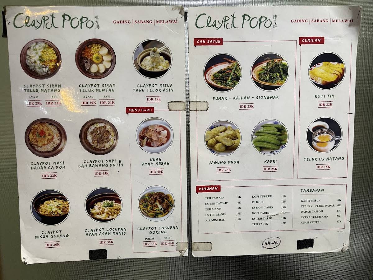 Menu at Claypot Popo restaurant, Central Jakarta, Jl. H. Agus Salim No ...