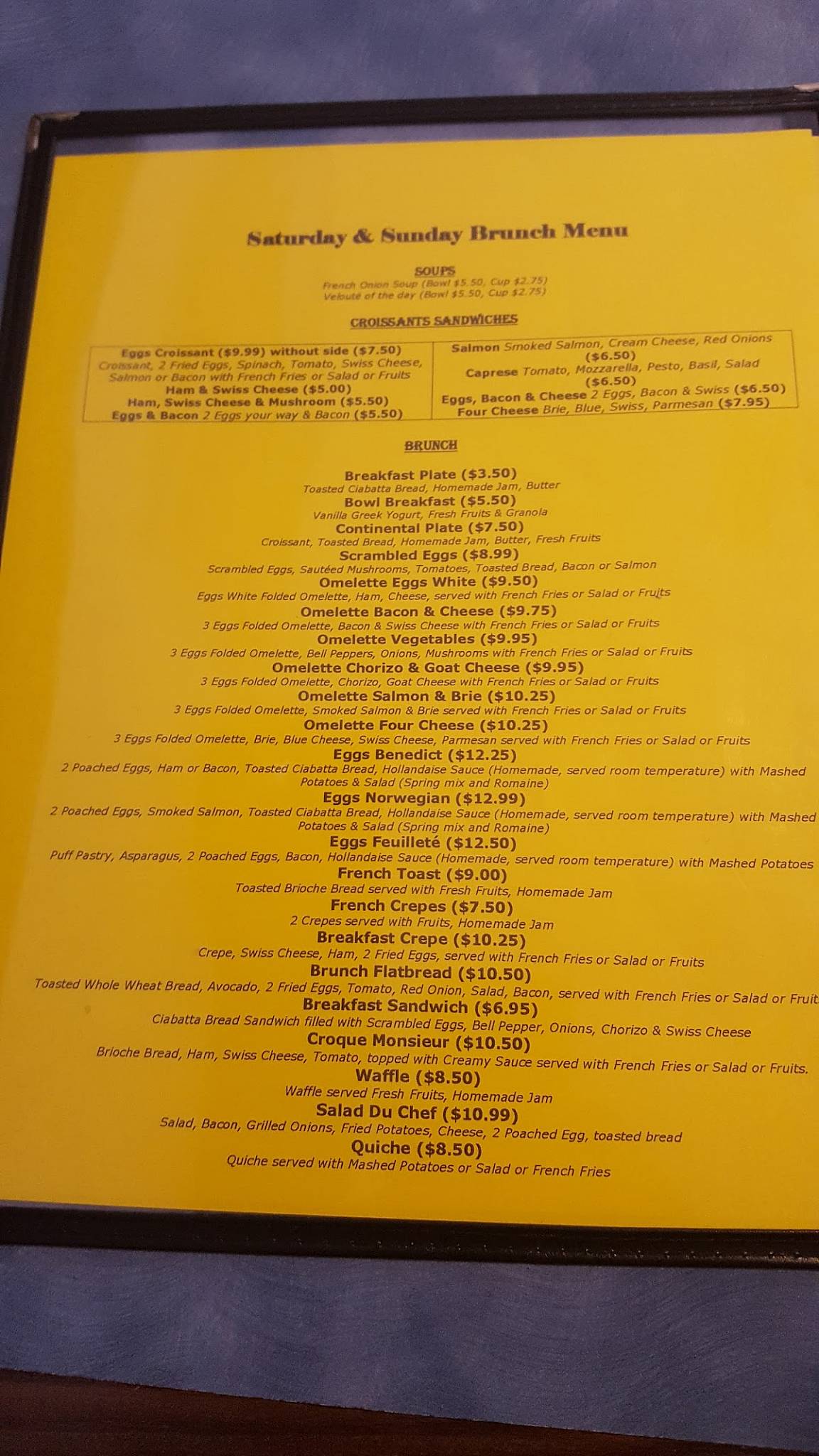 Menu at Chez David restaurant, Clearwater