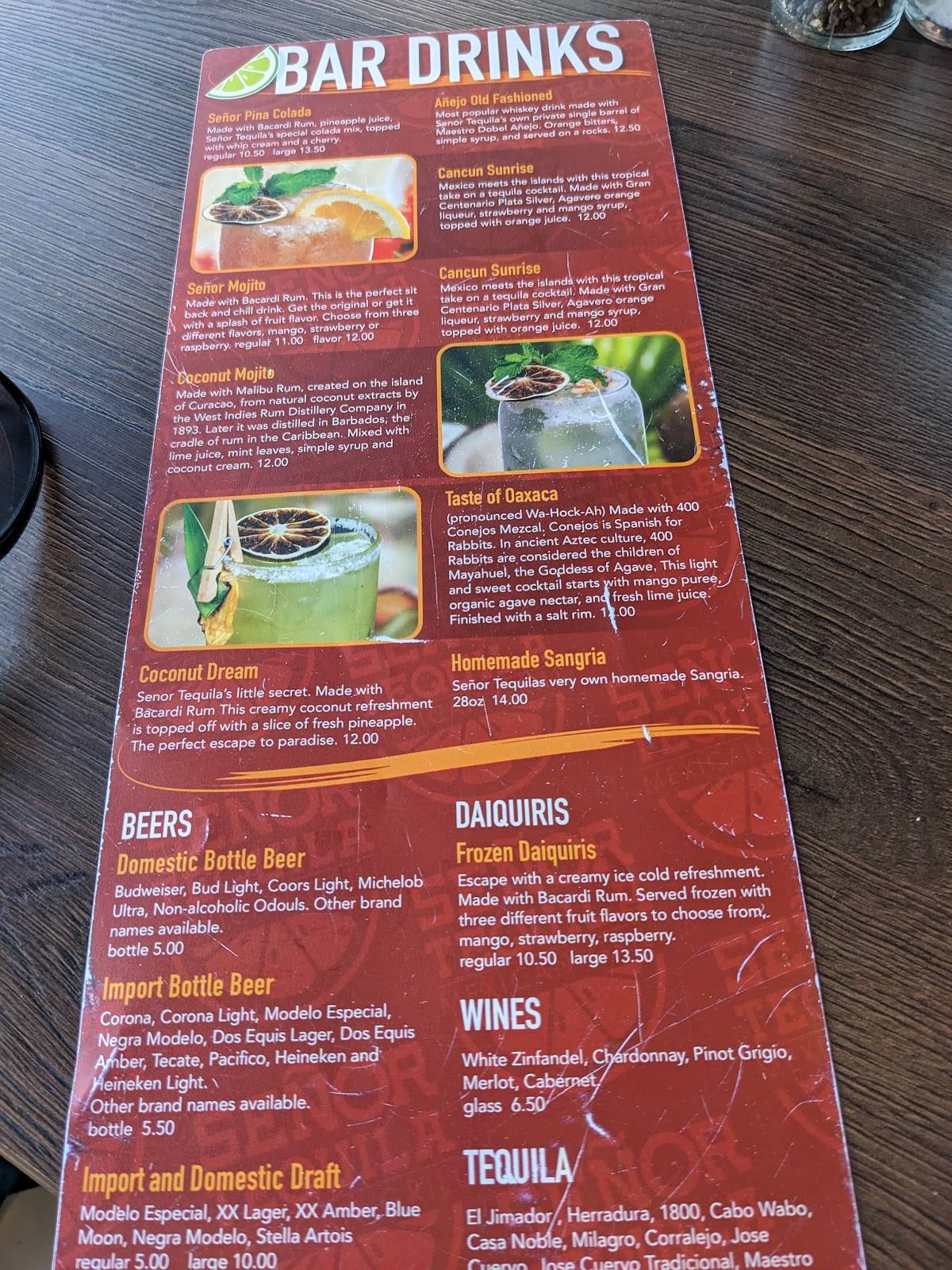 Menu at Señor Tequila by the Beach restaurant, Clearwater