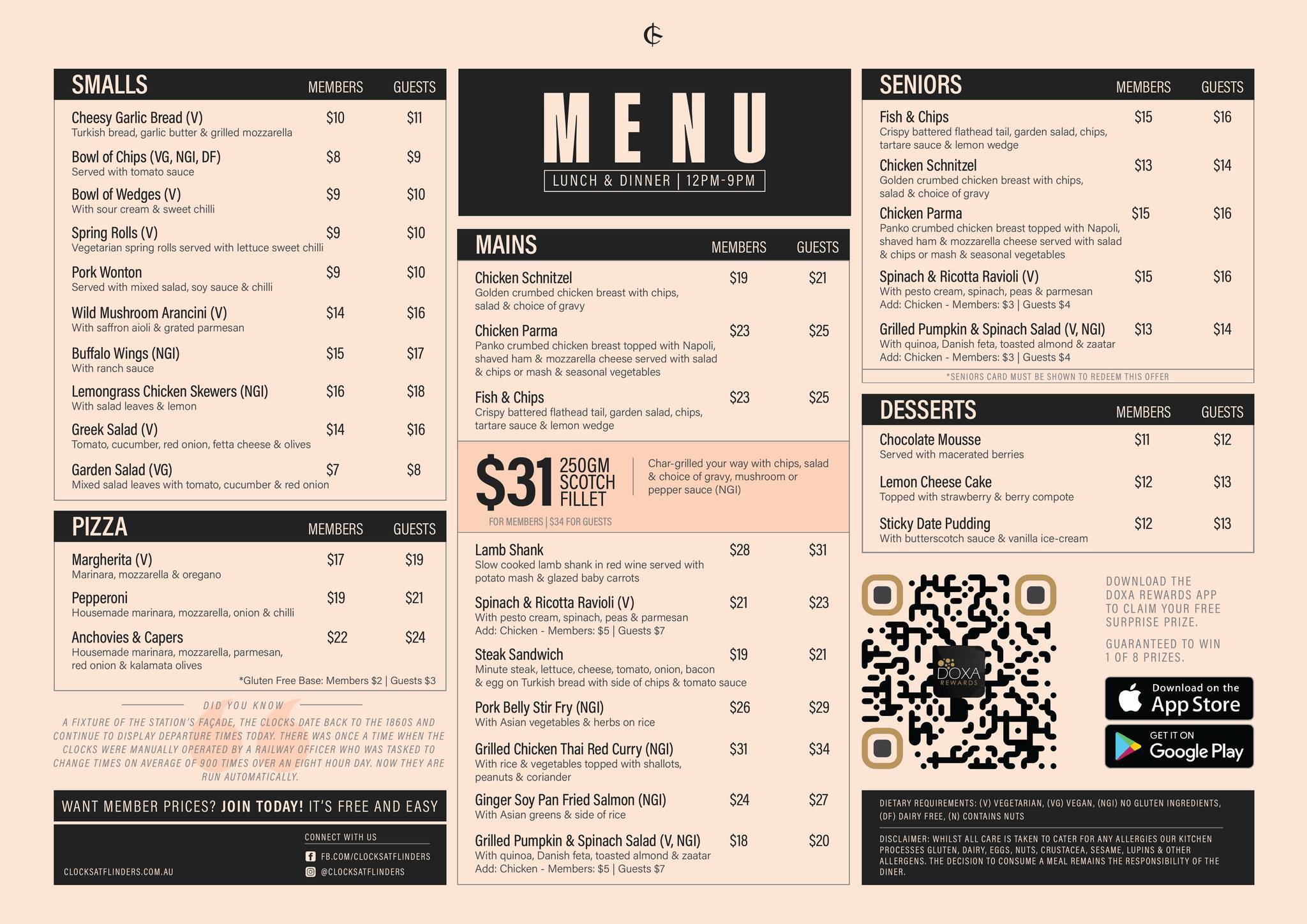 Menu at Clocks at Flinders pub & bar, Melbourne