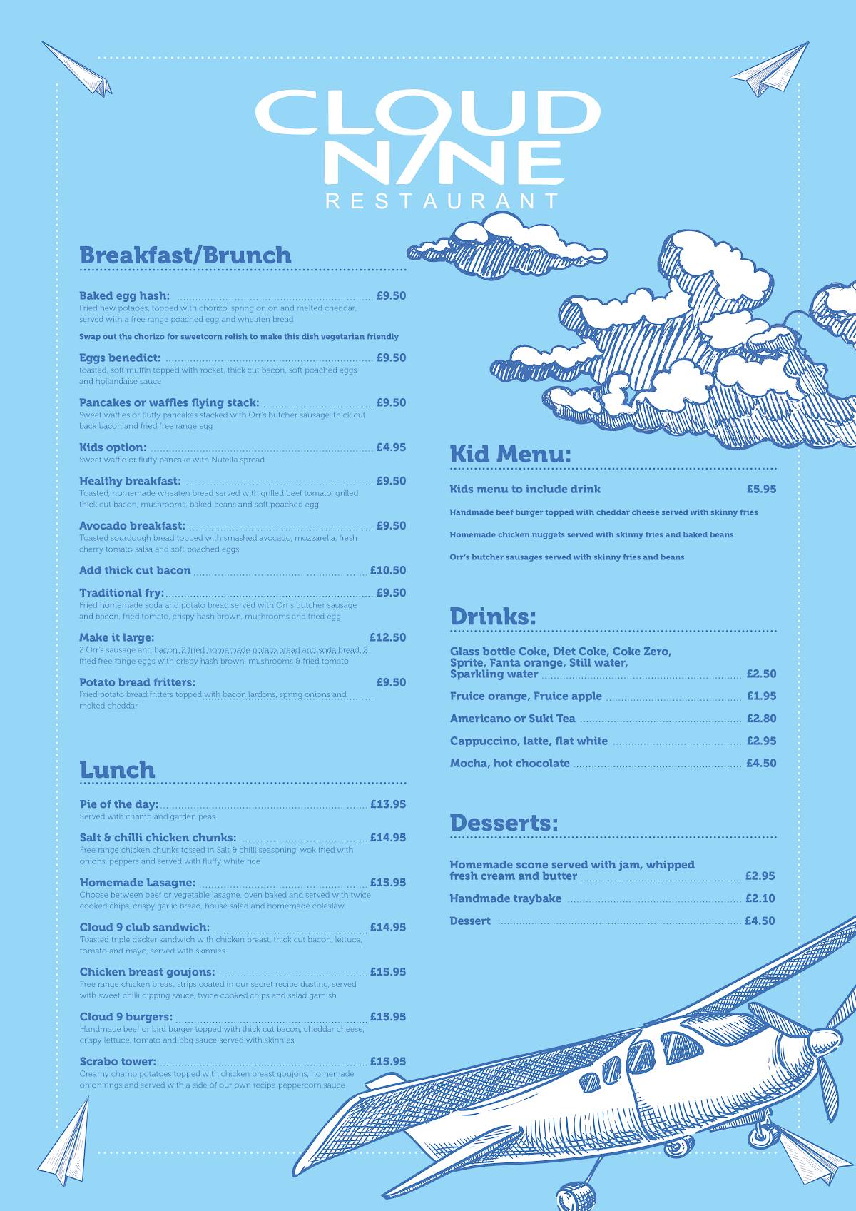 Menu at Cloud 9 Restaurant at the Ulster Flying Club, Newtownards