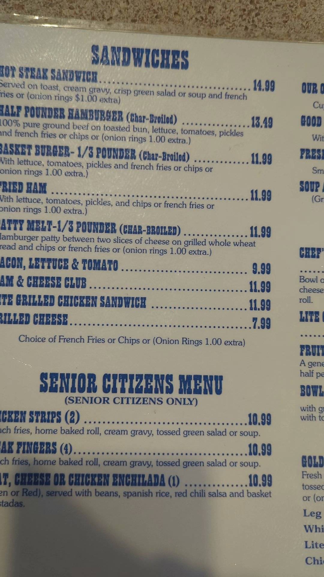 Menu at Cook's Restaurant, Clovis