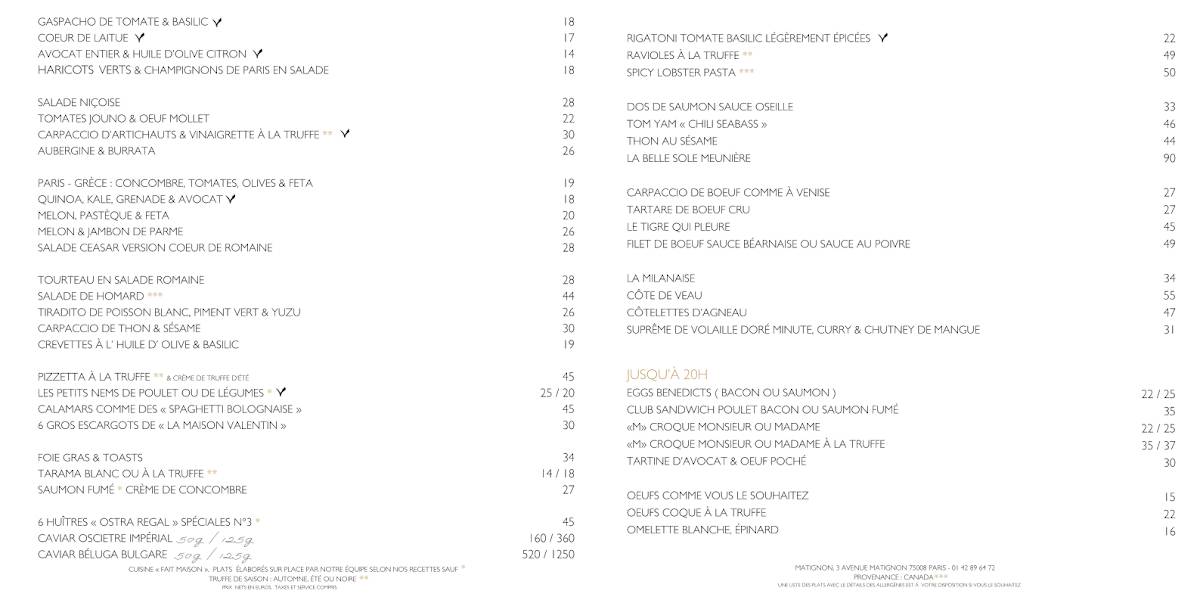 Menu au Matignon boite de nuit, Paris, 3 Avenue Matignon