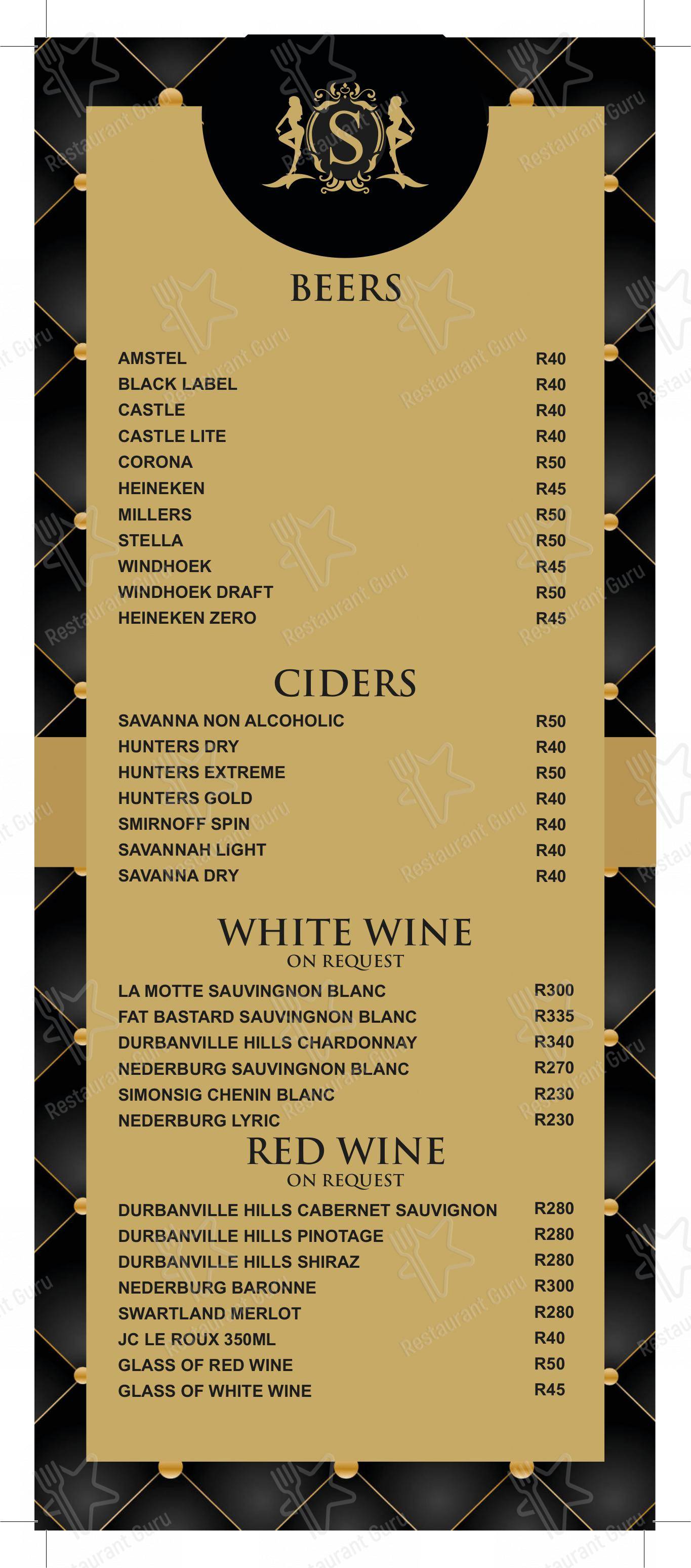 Menu at Stilettos Cape Town club, Cape Town