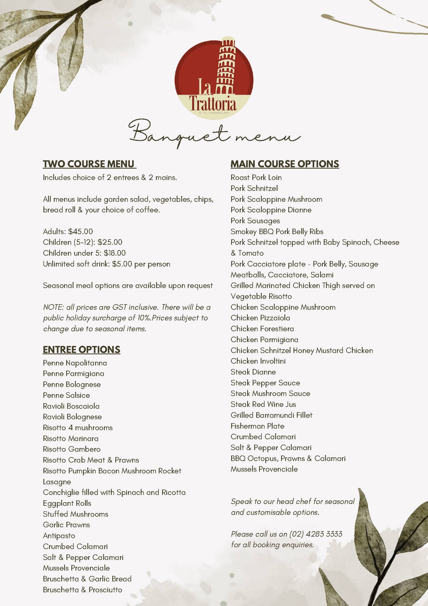 Menu at The Fraternity Club, Fairy Meadow