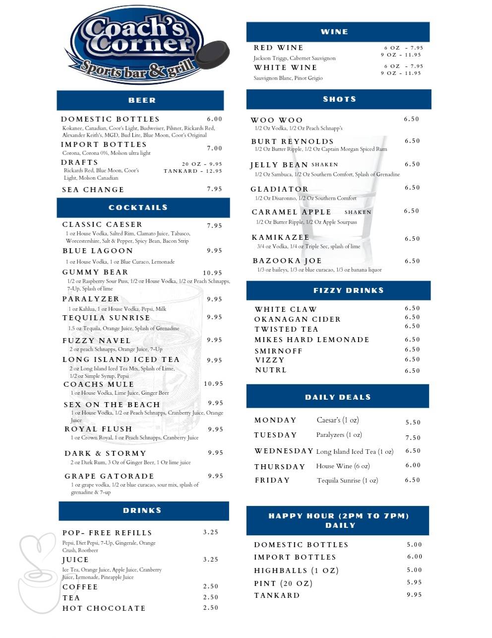 Menu at Coach's Corner Sport's Bar & Grill Gibbons, Gibbons