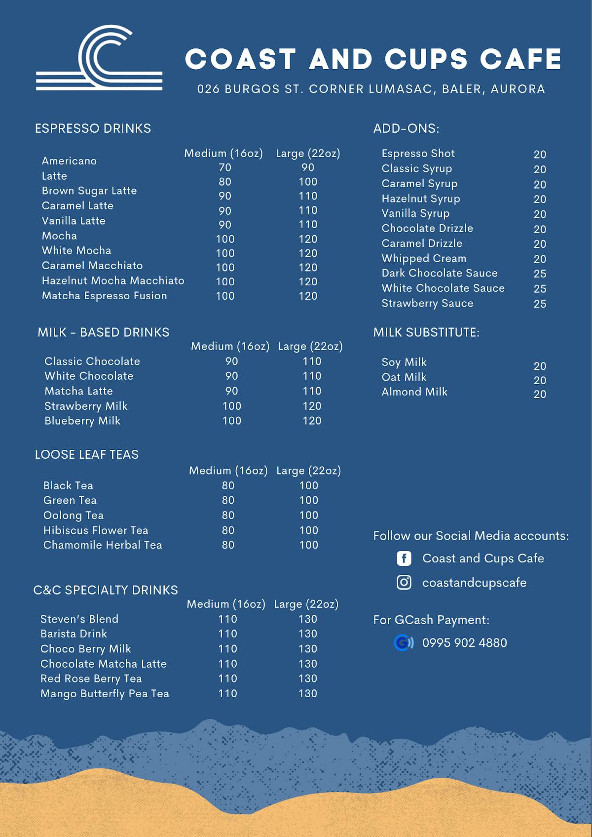 Menu at Coast and Cups Cafe, Baler