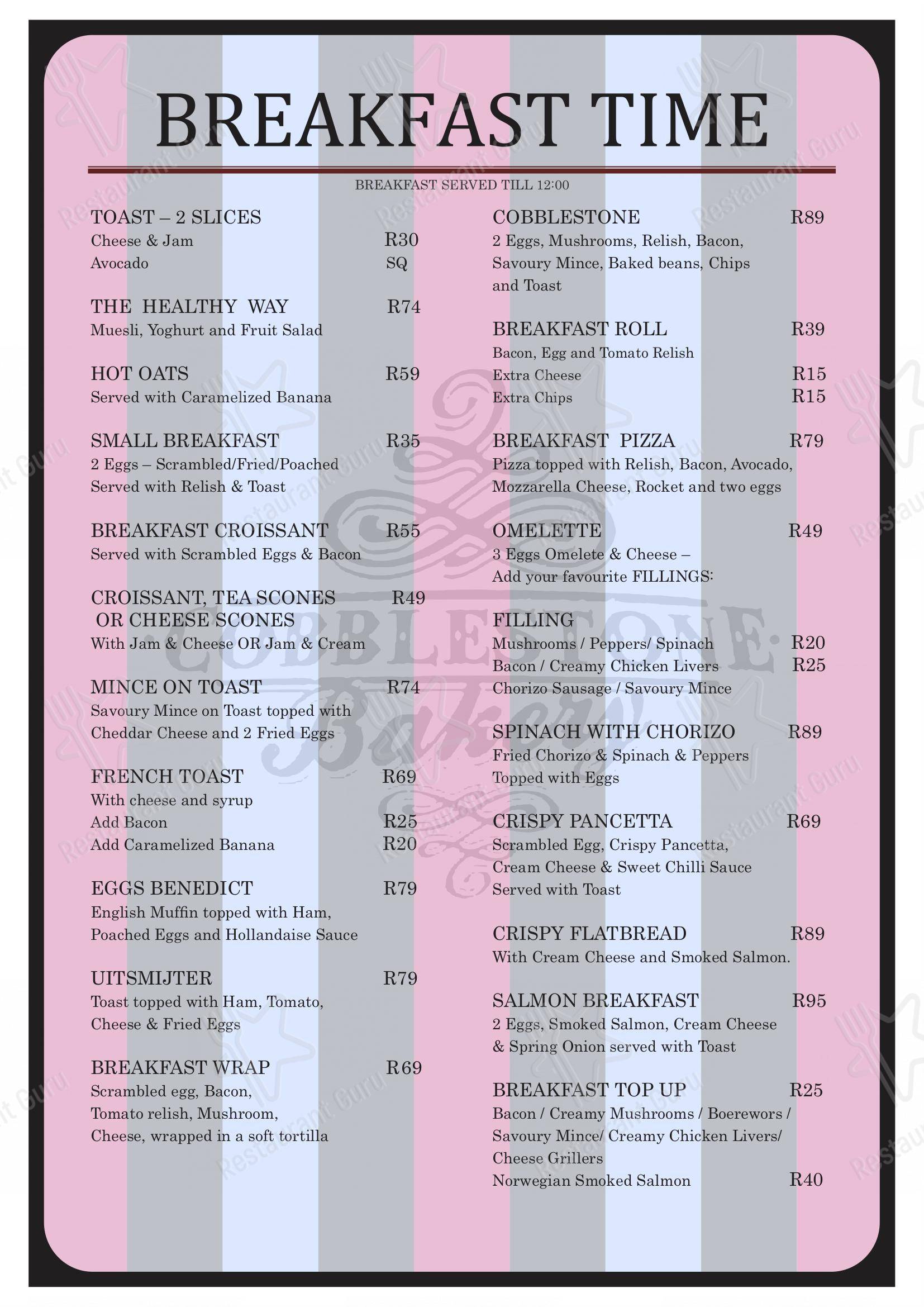 Menu at Cobblestone Bistro & Bakery, Port Elizabeth, 40 6th Ave