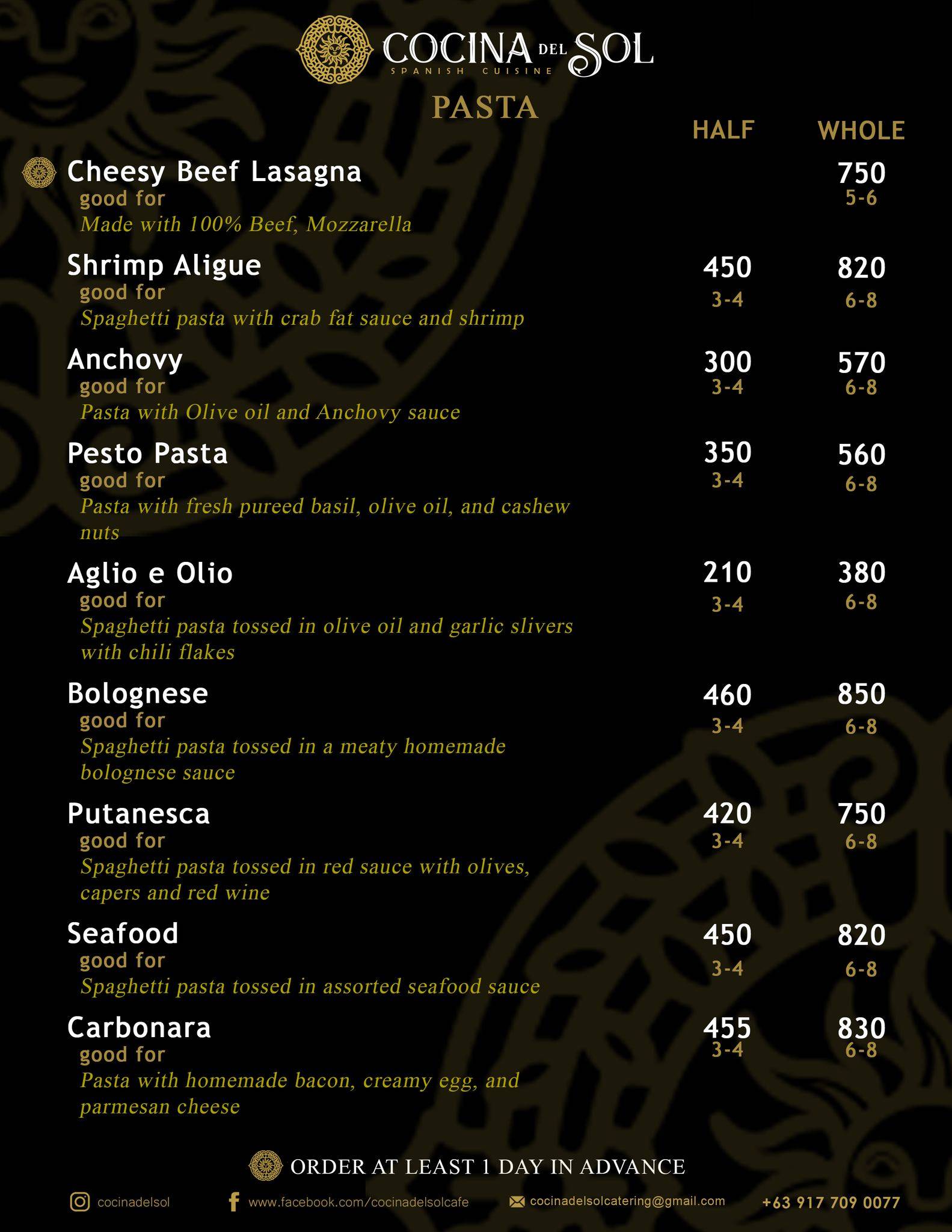 Menu at Cocina del Sol restaurant, Baguio
