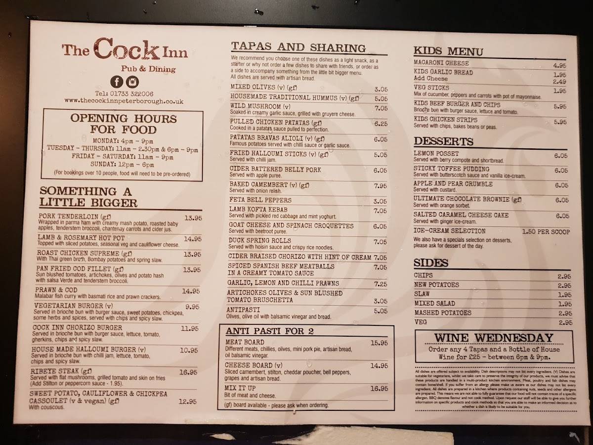 Menu at Cock Inn pub & bar, Peterborough