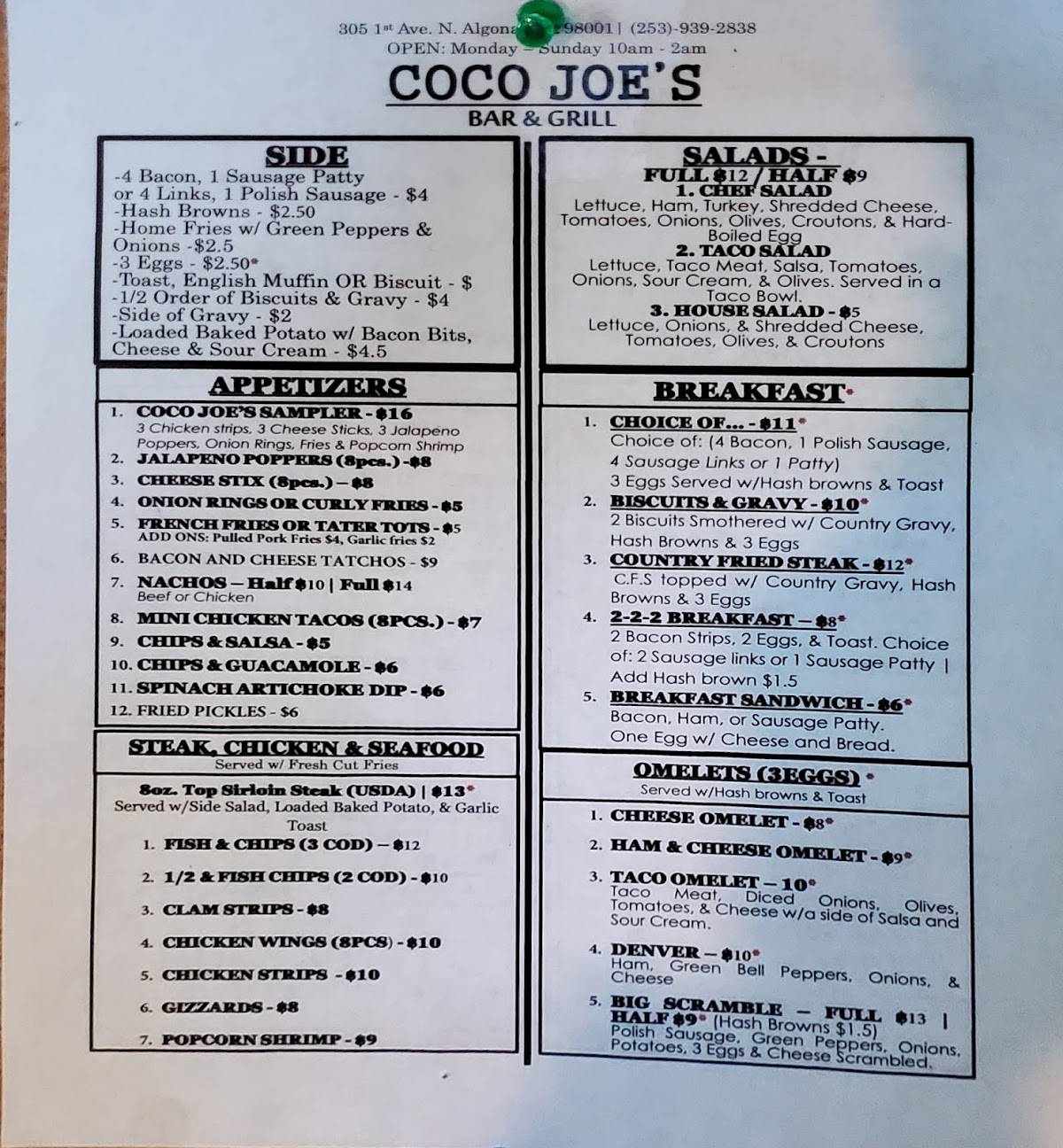 Menu at Coco Joe's Bar and Grill, Algona