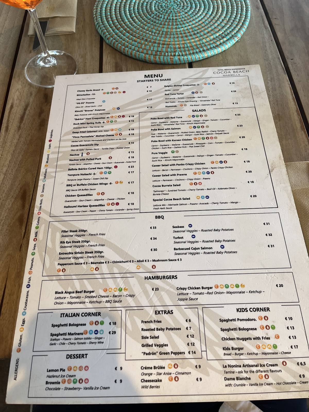 Menu at Cocoa Beach Marbella restaurant, Marbella, C. de la Playa
